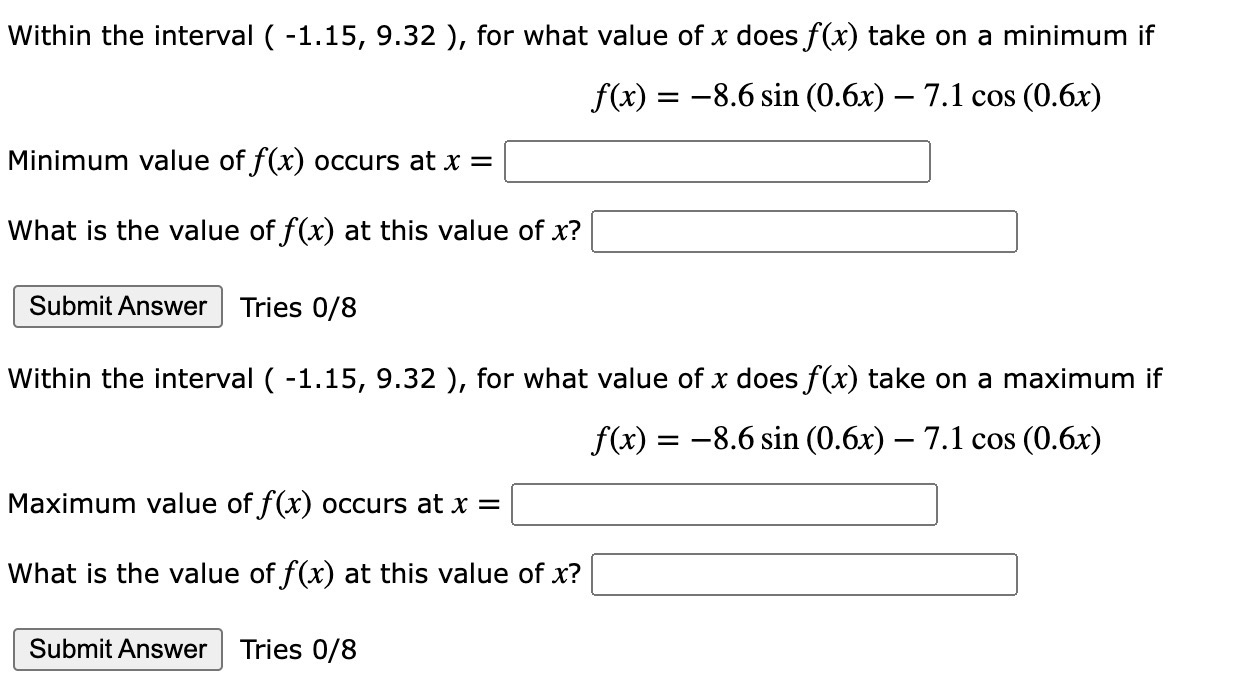 Solved Within the interval (-1.15,9.32), ﻿for what value of | Chegg.com
