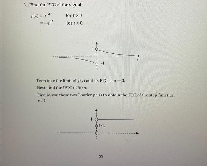 Solved 3. Find the FTC of the signal: f(t)=e−at=−eat for t>0 | Chegg.com