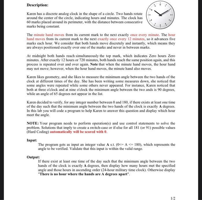 Solved Description: Karen has a discrete analog clock in the | Chegg.com