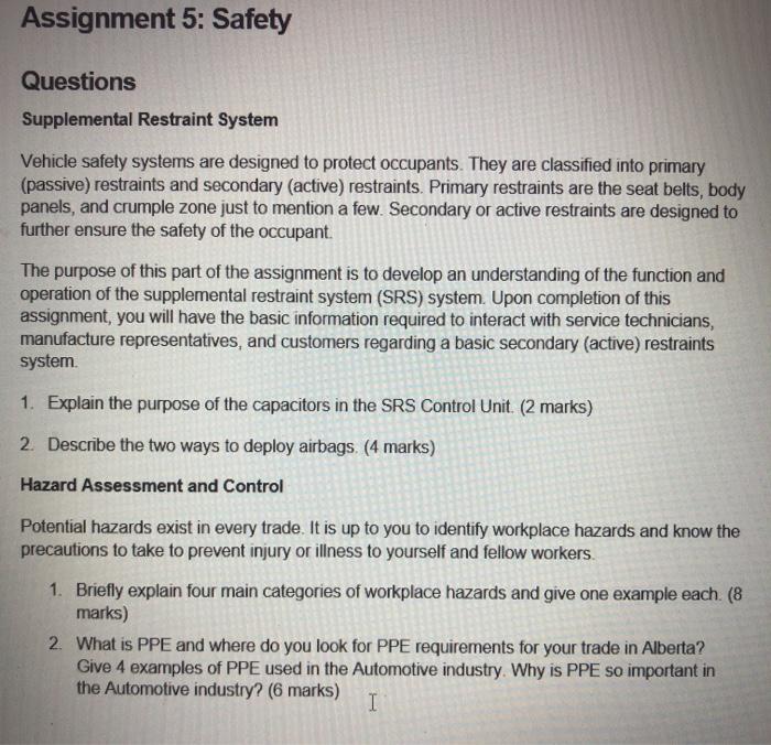 Solved Assignment 5: Safety Questions Supplemental Restraint | Chegg.com