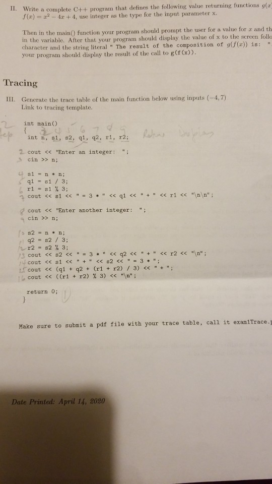 Solved II. Write a complete C++ program that defines the | Chegg.com