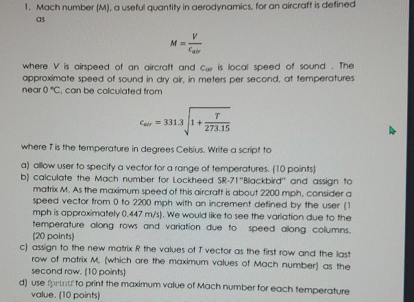 Solved 1. Mach number (M), a useful quantity in | Chegg.com