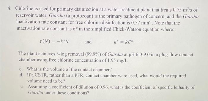 Solved Chlorine is used for primary disinfection at a water | Chegg.com