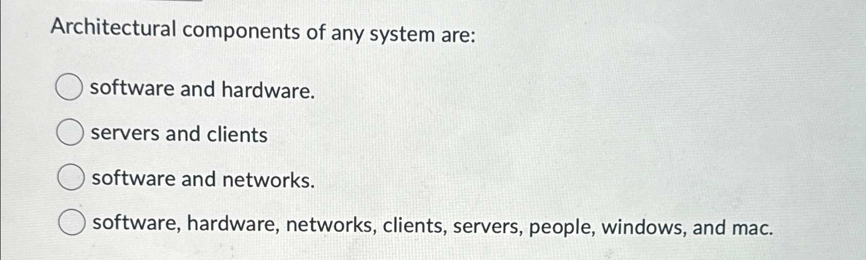 Solved Architectural components of any system are:software | Chegg.com