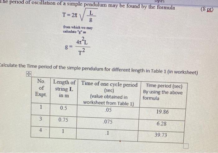 Solved (8 pt) Styles The period of oscillation of a simple | Chegg.com