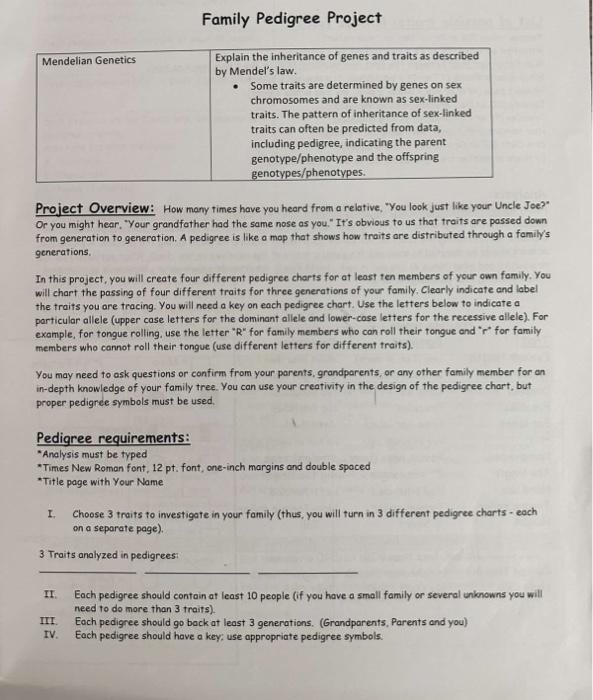 Solved Family Pedigree Project Project Overview: How many | Chegg.com