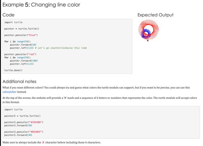 Solved Example 5: Changing line color Code import turtle | Chegg.com