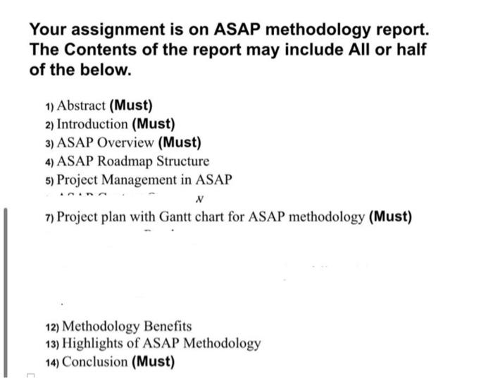 Solved Your assignment is on ASAP methodology report. The | Chegg.com