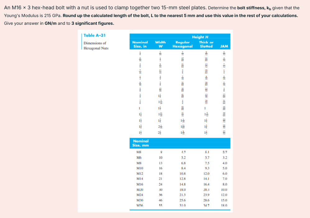 Solved An M16 × 3 ﻿hex-head bolt with a nut is used to clamp | Chegg.com