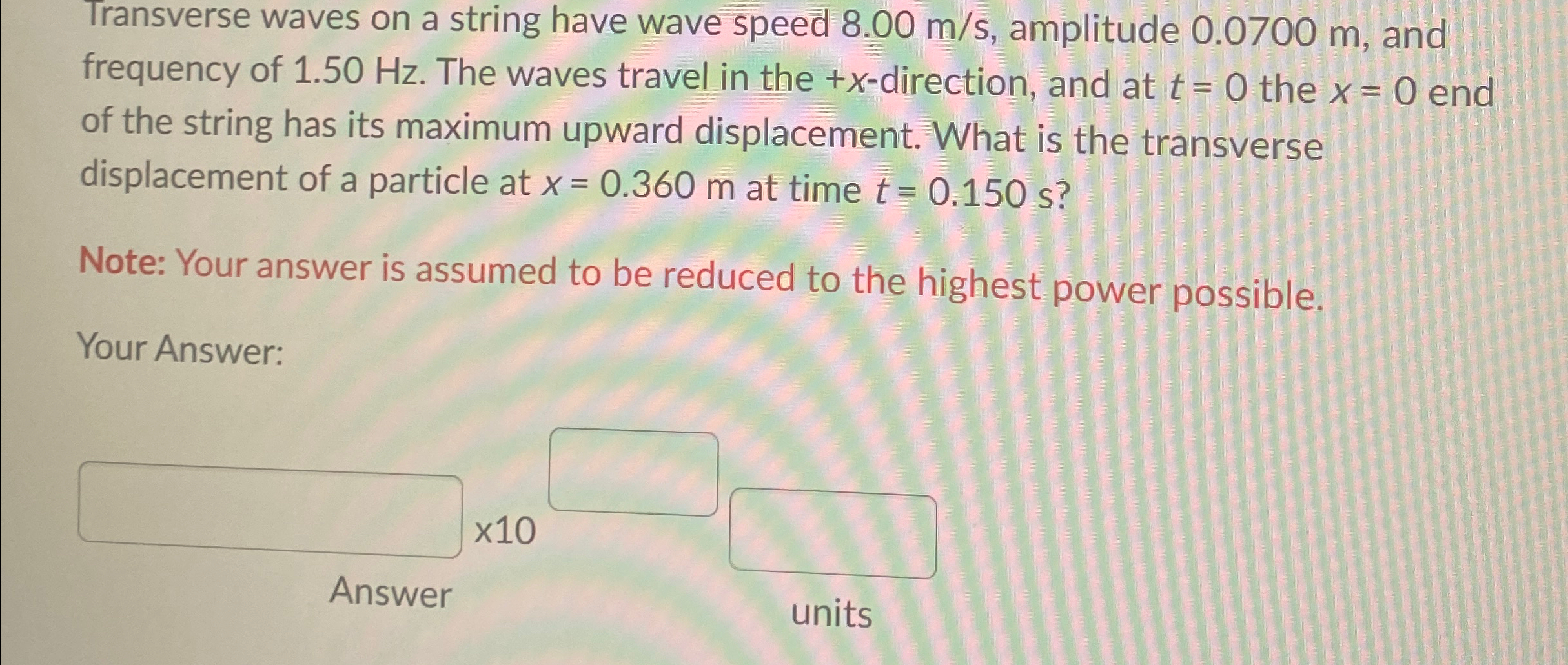 Solved Transverse waves on a string have wave speed 8.00ms, | Chegg.com