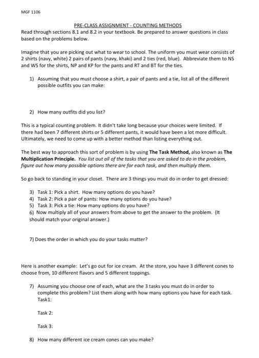 Solved MGF 1106 PRE-CLASS ASSIGNMENT - COUNTING METHODS Read | Chegg.com