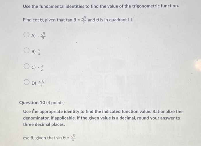 Solved Use the fundamental identities to find the value of | Chegg.com