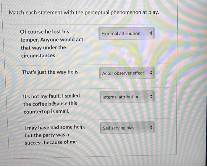 Solved Match each statement with the perceptual phenomenon | Chegg.com