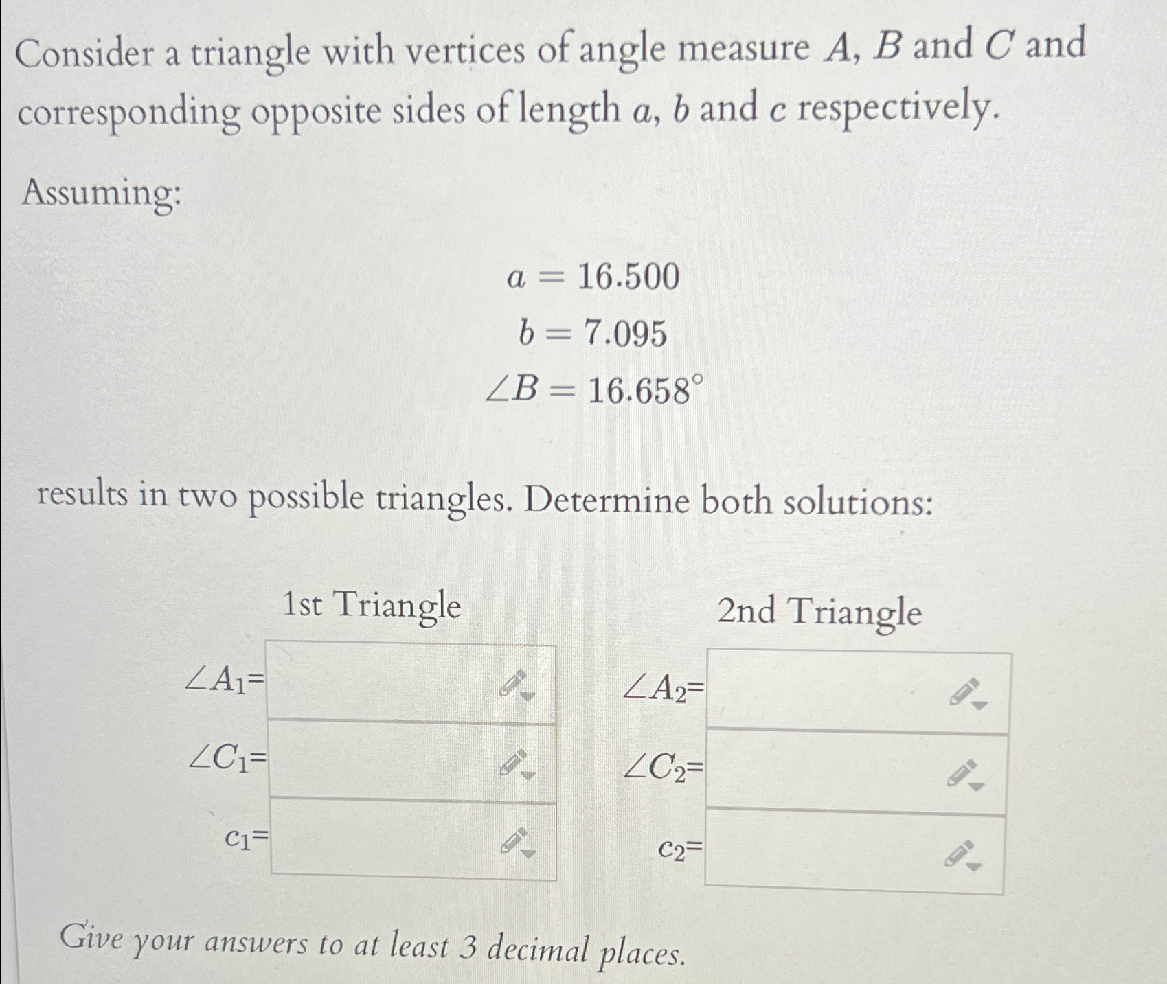 Solved Consider a triangle with vertices of angle measure | Chegg.com
