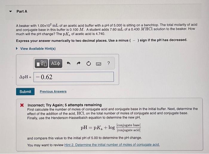 Solved Part A A beaker with 1.00x102 mL of an acetic acid | Chegg.com
