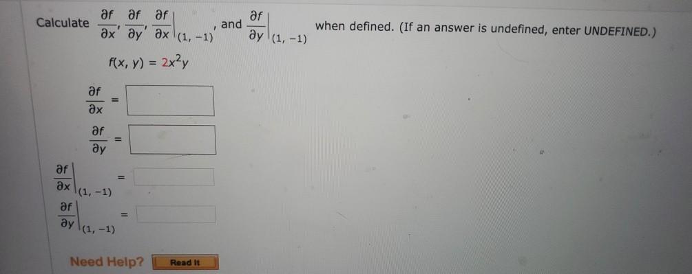 Solved Calculate + af af af af and ax' ay' ax (1, -1) f(x, | Chegg.com