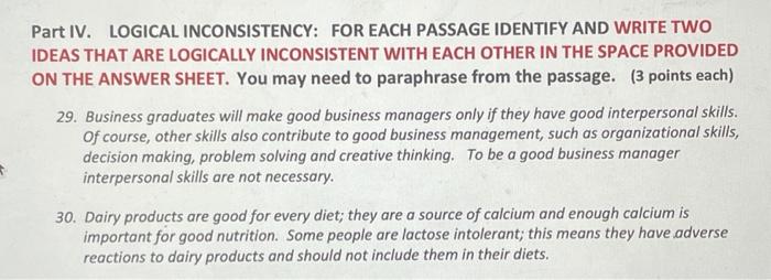Solved Part IV. LOGICAL INCONSISTENCY: FOR EACH PASSAGE | Chegg.com