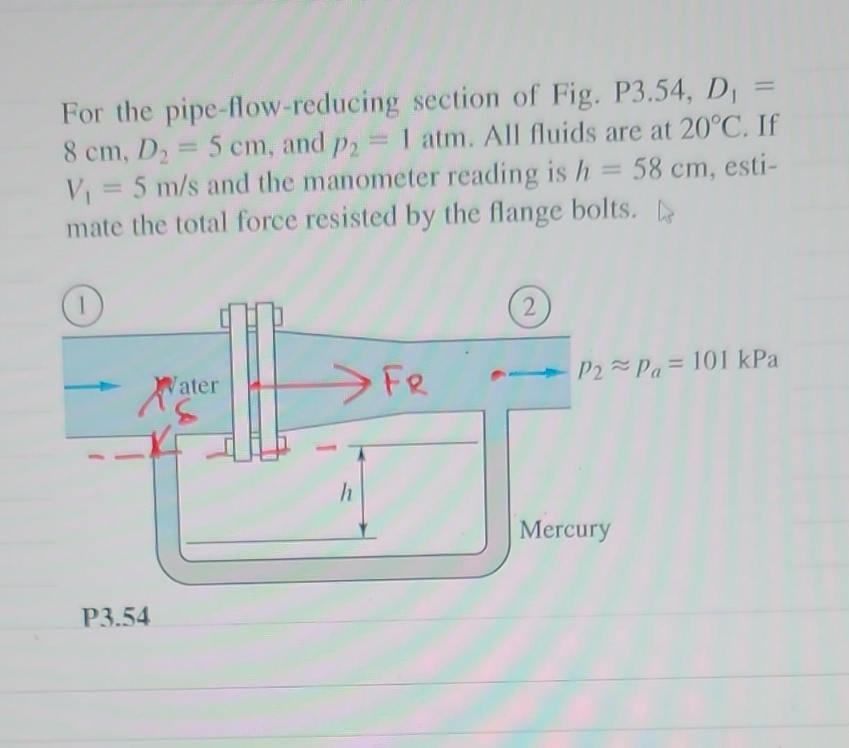 Solved For the pipe-flow-reducing section of Fig. P3.54, D1= | Chegg.com