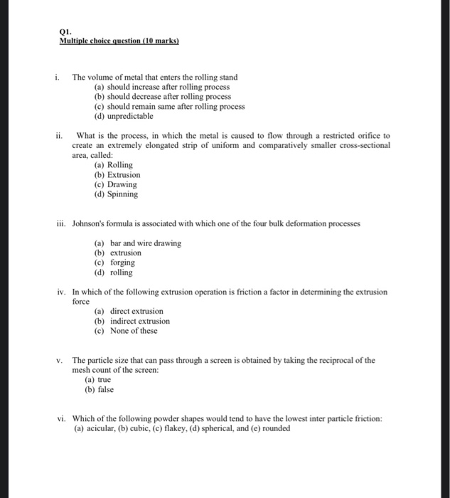 Solved Q1. Multiple choice question (10 marks) i. The volume | Chegg.com