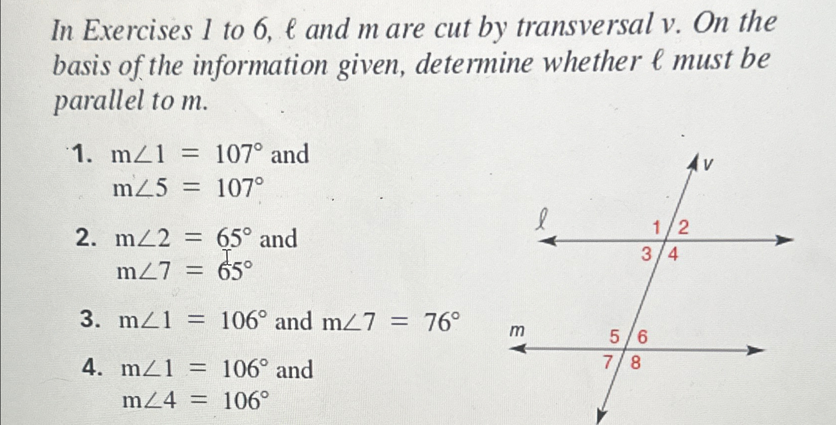 Solved In Exercises 1 ﻿to 6,l ﻿and m ﻿are cut by transversal | Chegg.com