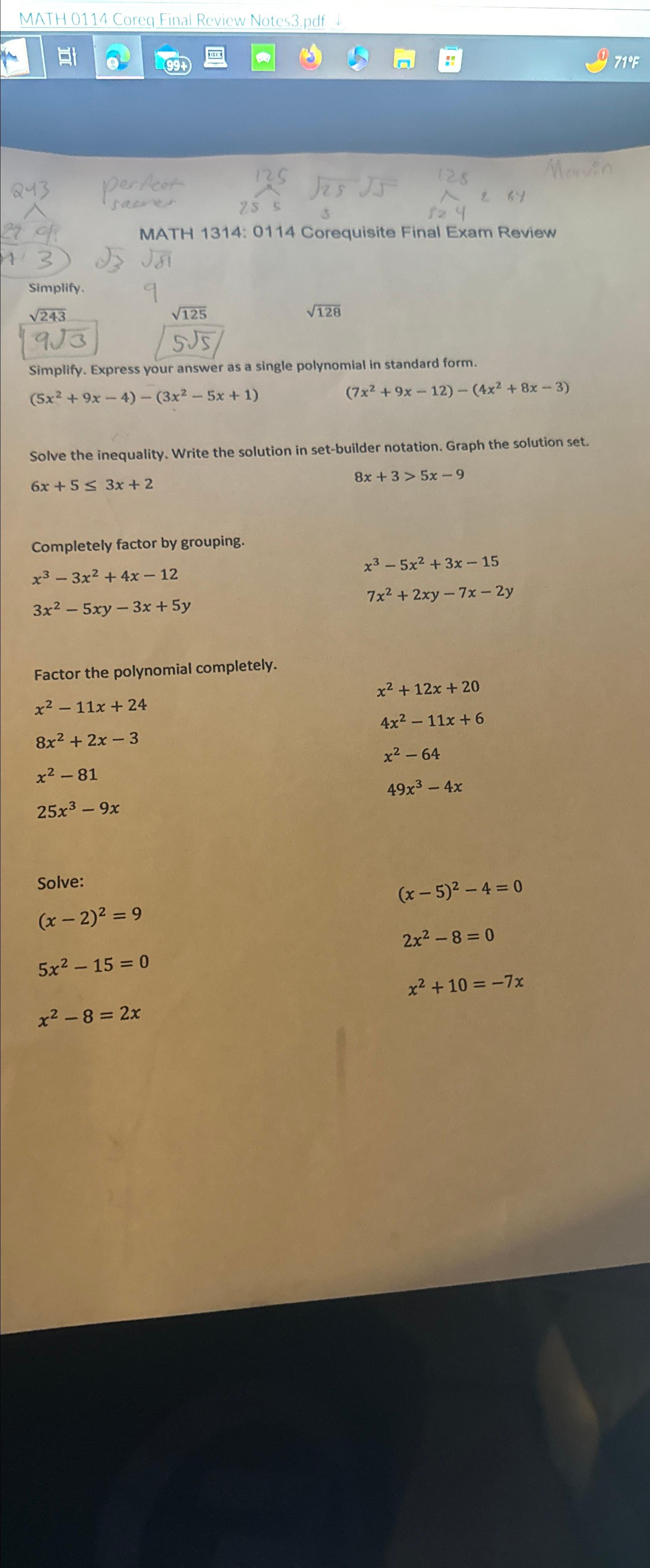 Solved MATH 0114 ﻿Coreg Final Review Notes 3.pdfMATH 1314: | Chegg.com