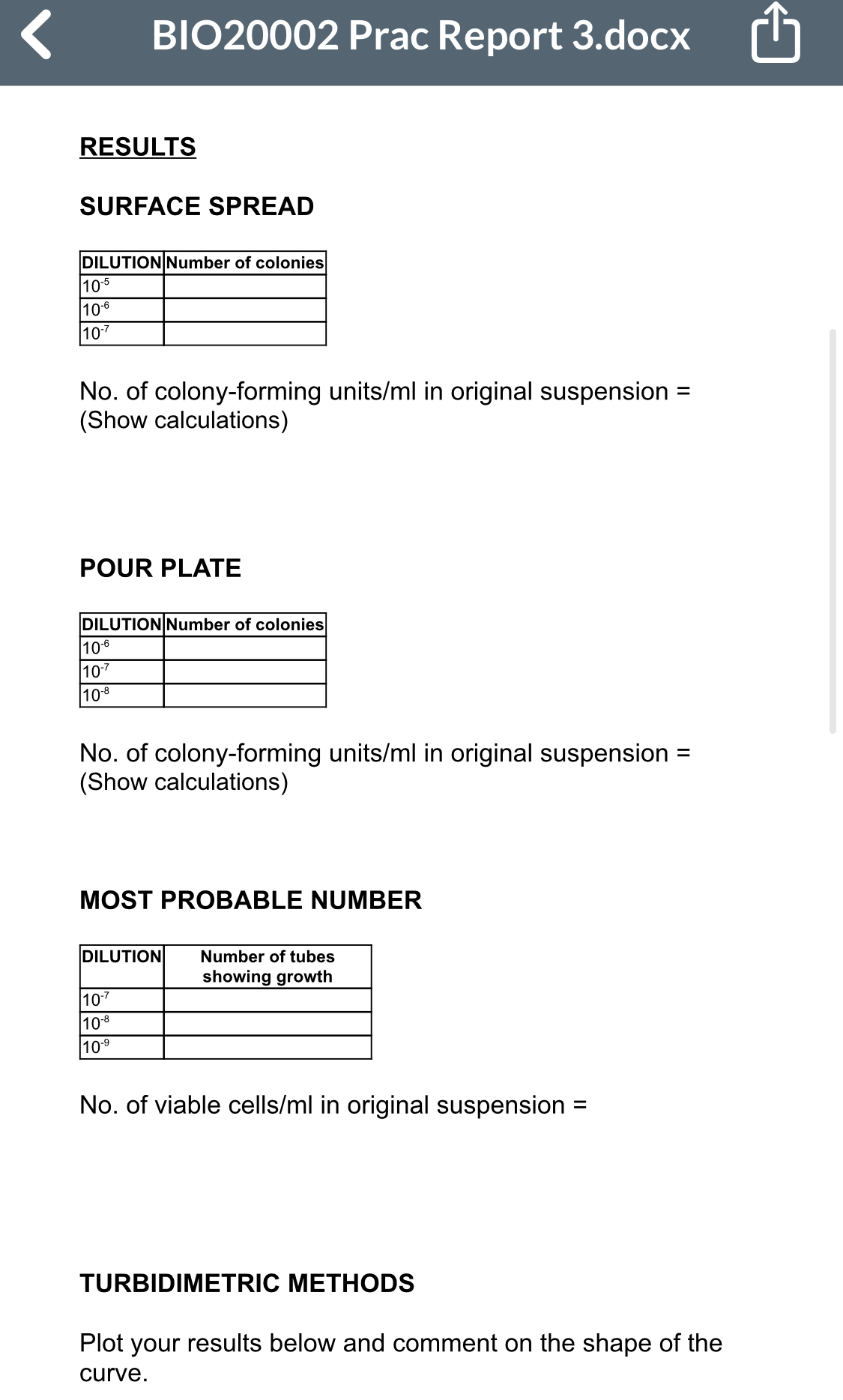 Solved BIO20002 ﻿Prac Report 3.docxRESULTSSURFACE | Chegg.com