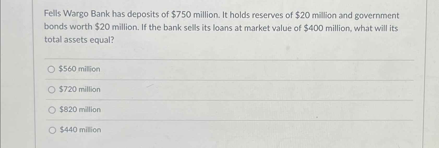 Solved Fells Wargo Bank has deposits of $750 ﻿million. It | Chegg.com