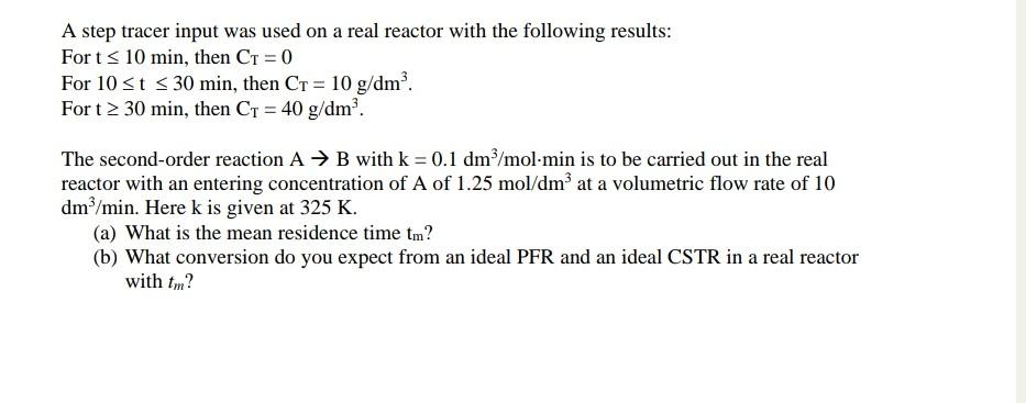 Solved A step tracer input was used on a real reactor with | Chegg.com