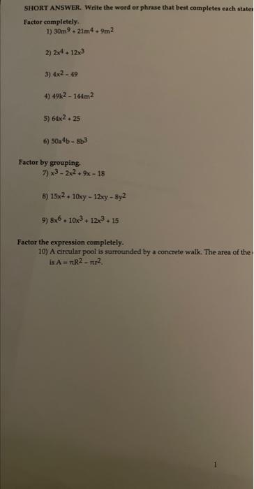 Solved SHORT ANSWER. Write the word or phrase that best | Chegg.com