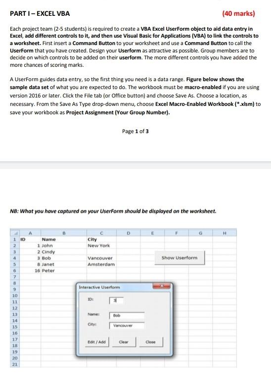 PART 1 - EXCEL VBA (40 marks) Each project team (2-5 | Chegg.com