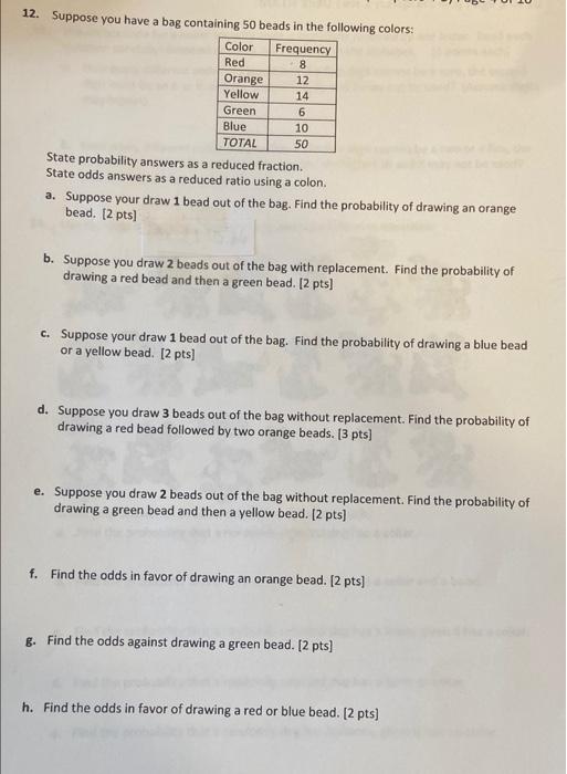 Solved Red 12. Suppose you have a bag containing 50 beads in | Chegg.com