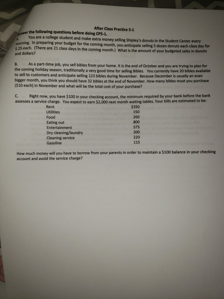 Solved After Class Practice 5-1 answer the following | Chegg.com