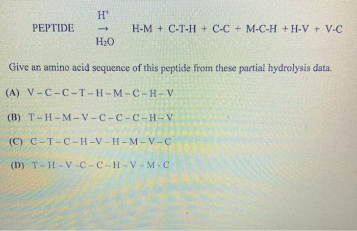 Solved Η PEPTIDE - H-M + C-T-H + C-C + M-C-H + H-V + V-C H20 | Chegg.com