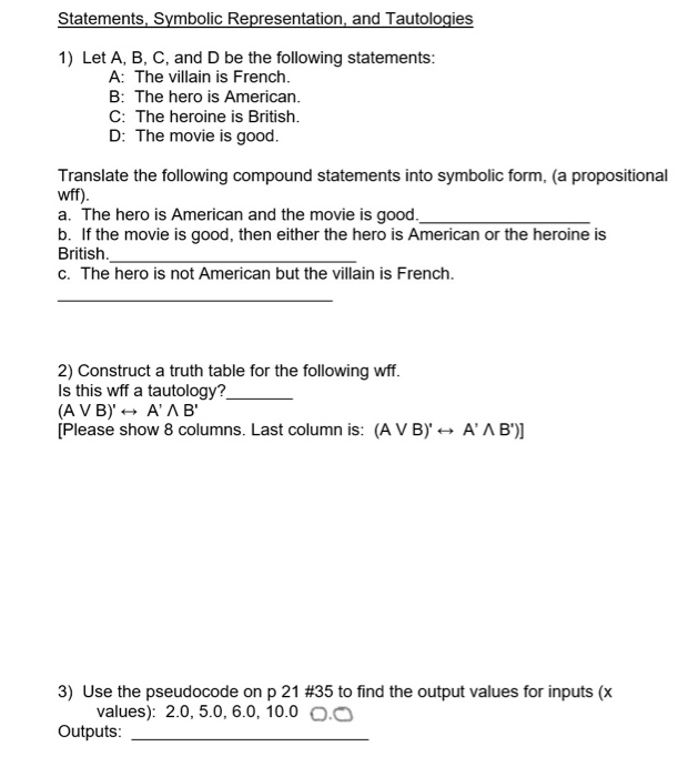 Solved Statements, Symbolic Representation, and Tautologies | Chegg.com
