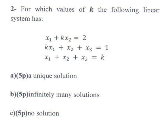 Solved 2- ﻿For which values of k ﻿the following linear | Chegg.com