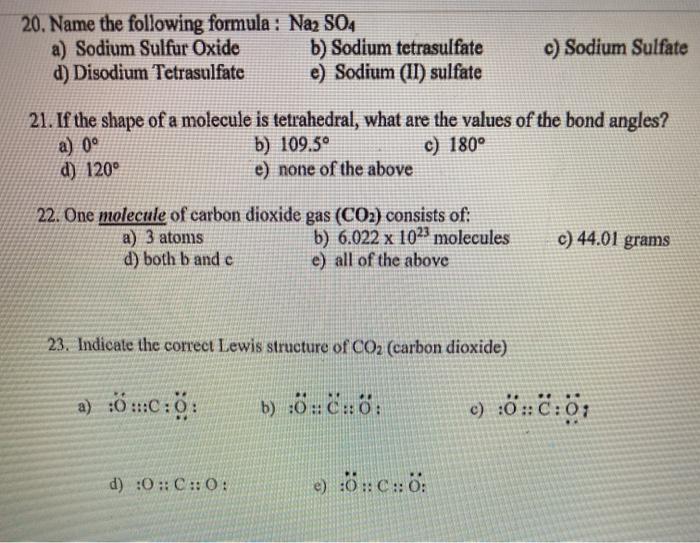 Solved 20. Name the following formula : Na2 SO4 a) Sodium | Chegg.com