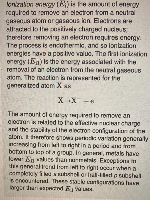 Solved lonization energy (E;) is the amount of energy | Chegg.com
