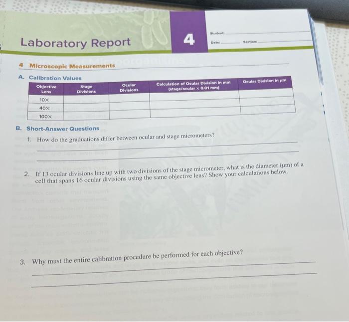 Solved Laboratory Report 4 Microscopic Measurements A. | Chegg.com