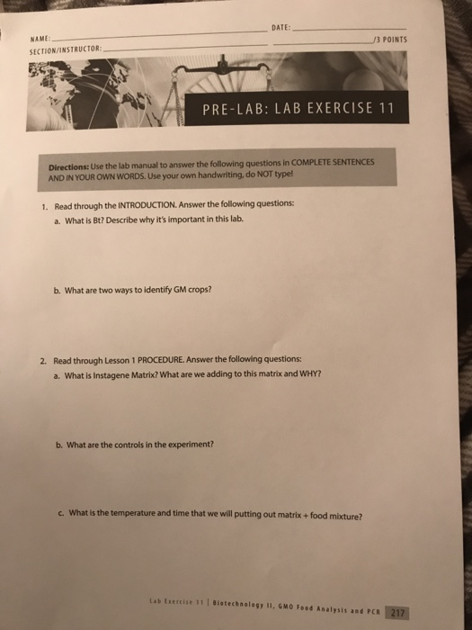 Solved DATE: 13 POINTS NAME SECTION/INSTRUCTOR: PRE-LAB: LAB | Chegg.com