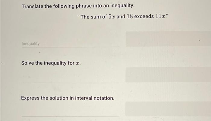 Solved Translate the following phrase into an inequality: | Chegg.com