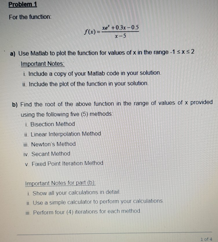 Solved Problem 1 For the function: f(x) xe +0.3x -0.5 a) Use | Chegg.com