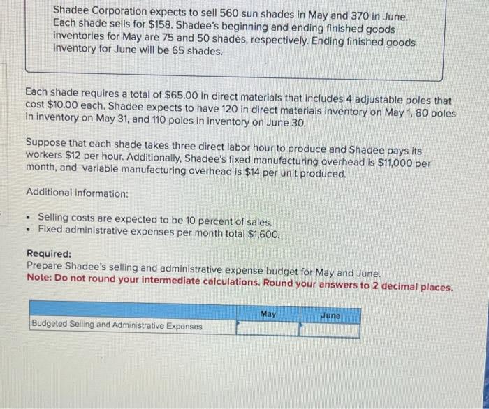 Solved Shadee Corporation expects to sell 560 sun shades in | Chegg.com
