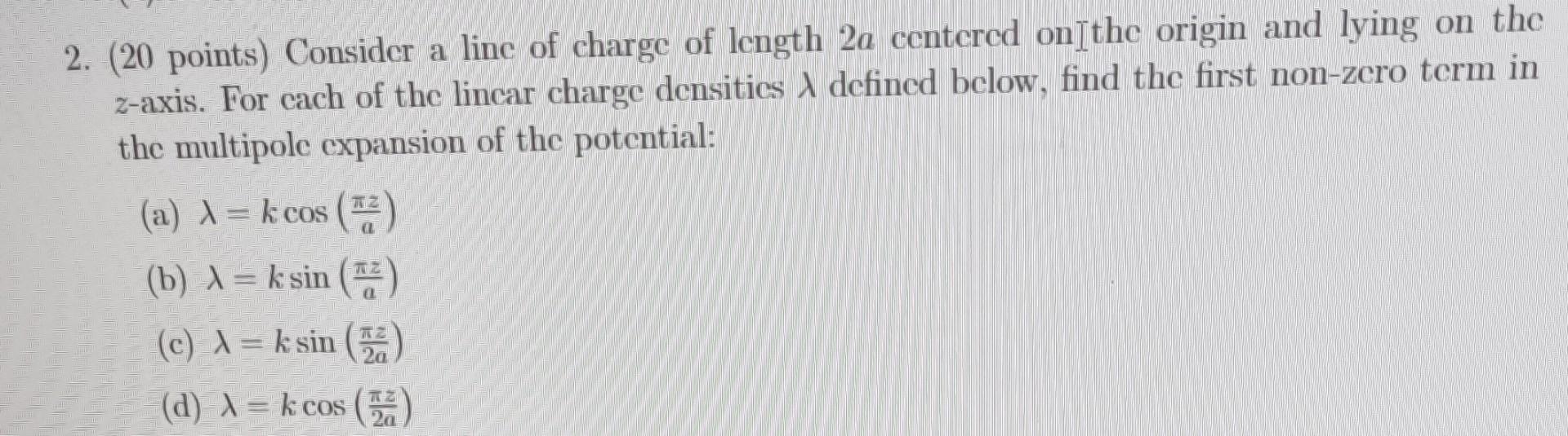 Solved 2. (20 points) Consider a line of charge of length 2a | Chegg.com