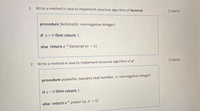 Solved 1. Write a method in Java to implement recursive | Chegg.com