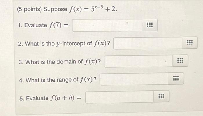 Solved (5 points) Suppose f(x)=5x−5+2 1. Evaluate f(7)= 2. | Chegg.com
