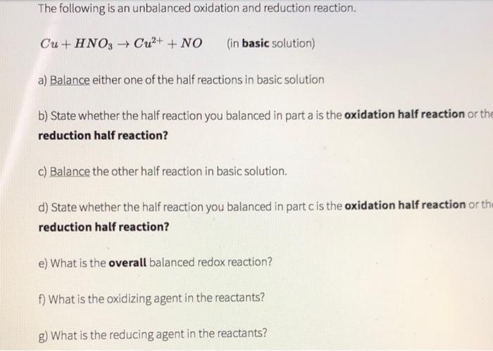 Solved The following is an unbalanced oxidation and | Chegg.com