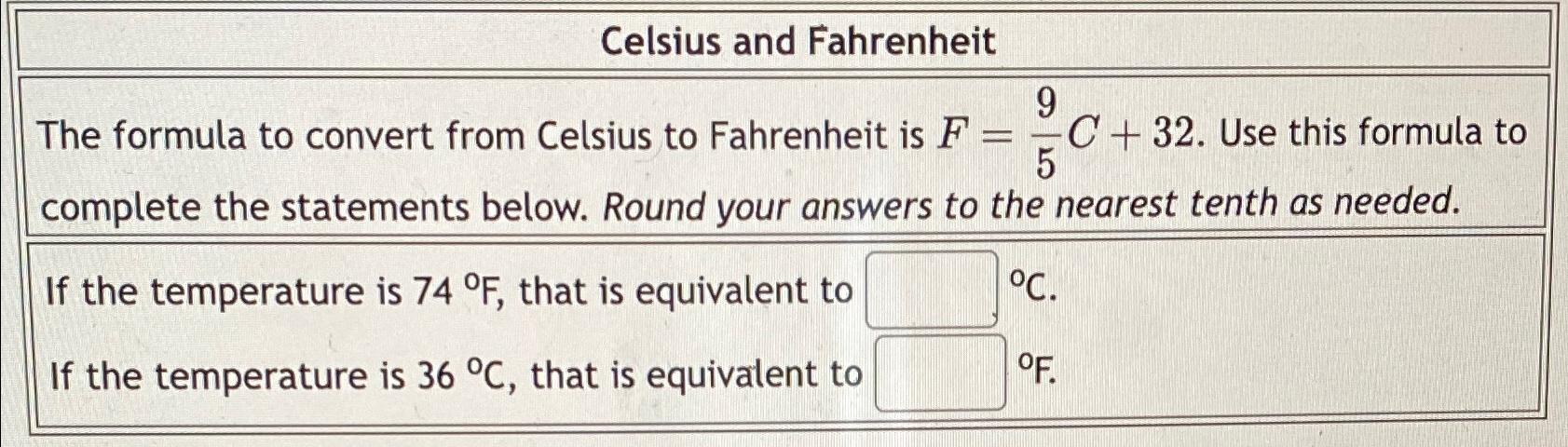 Solved Celsius and FahrenheitThe formula to convert from | Chegg.com
