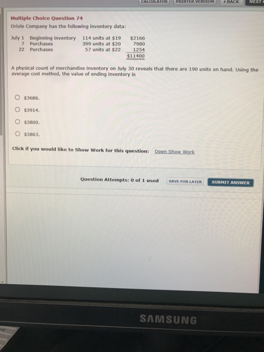 Solved CALCULATOR PRINTER VERSION 4 BACK NEXT Multiple | Chegg.com