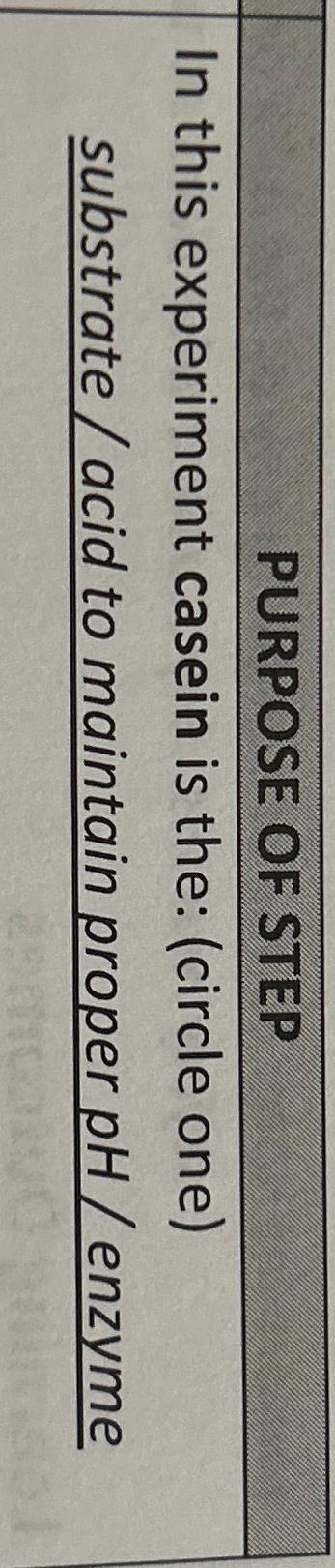 Solved PURPOSE OF STEPIn this experiment casein is the: | Chegg.com