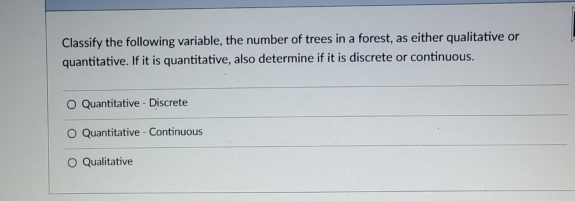 Solved Classify the following variable, the number of trees | Chegg.com